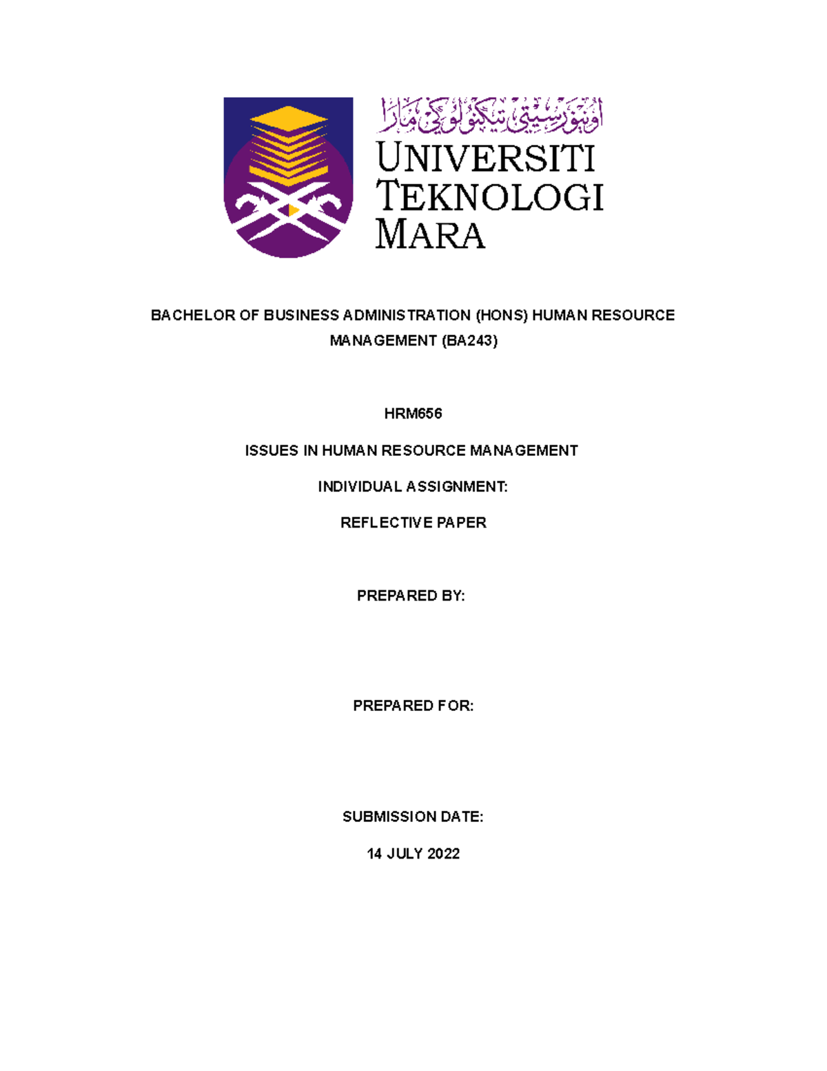 Reflective Paper - BACHELOR OF BUSINESS ADMINISTRATION (HONS) HUMAN ...