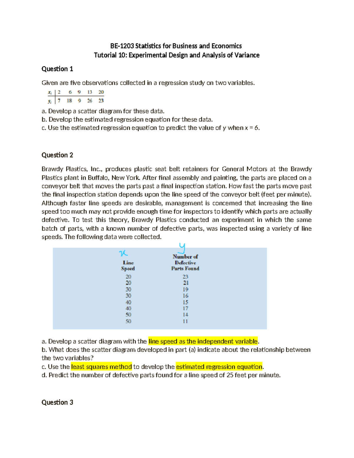 Tutorial 11 - Simple Regression exercise - BE-1203 Statistics for Business and Economics ...