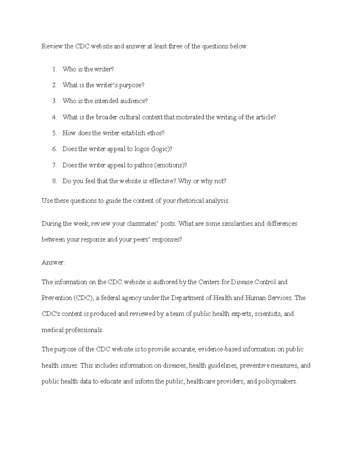Topic 2 DQ 2 - Google Docs - Review the CDC website and answer at least ...