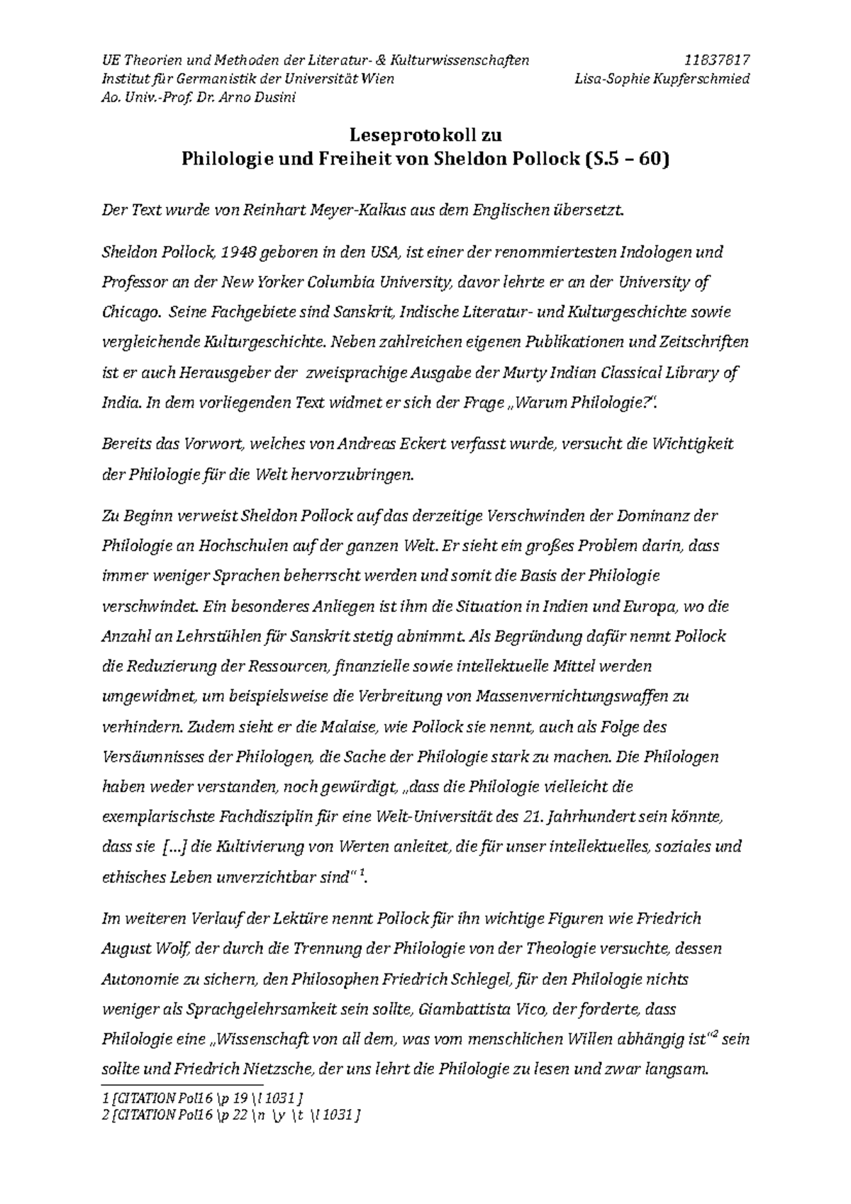 Leseprotokoll Sheldon Pollock: Philologie und Freiheit - Theorien und ...