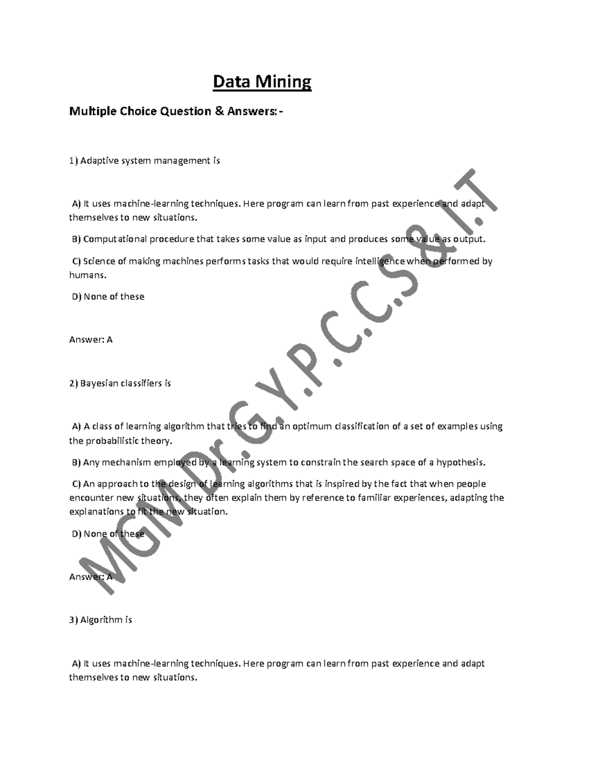 Data Mining - LECTURE NOTES - Data Mining Multiple Choice Question ...