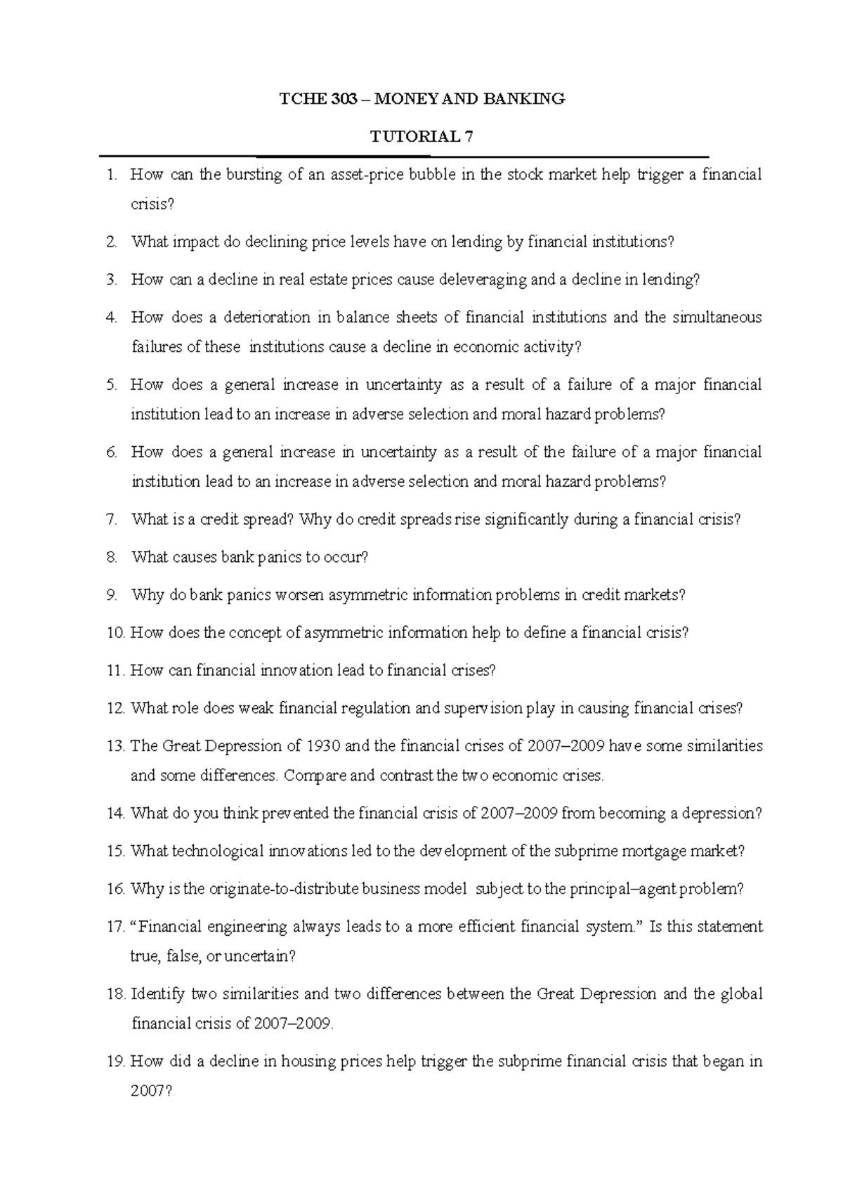 Money and banking exercises - TCHE 303 – MONEY AND BANKING TUTORIAL 7 ...