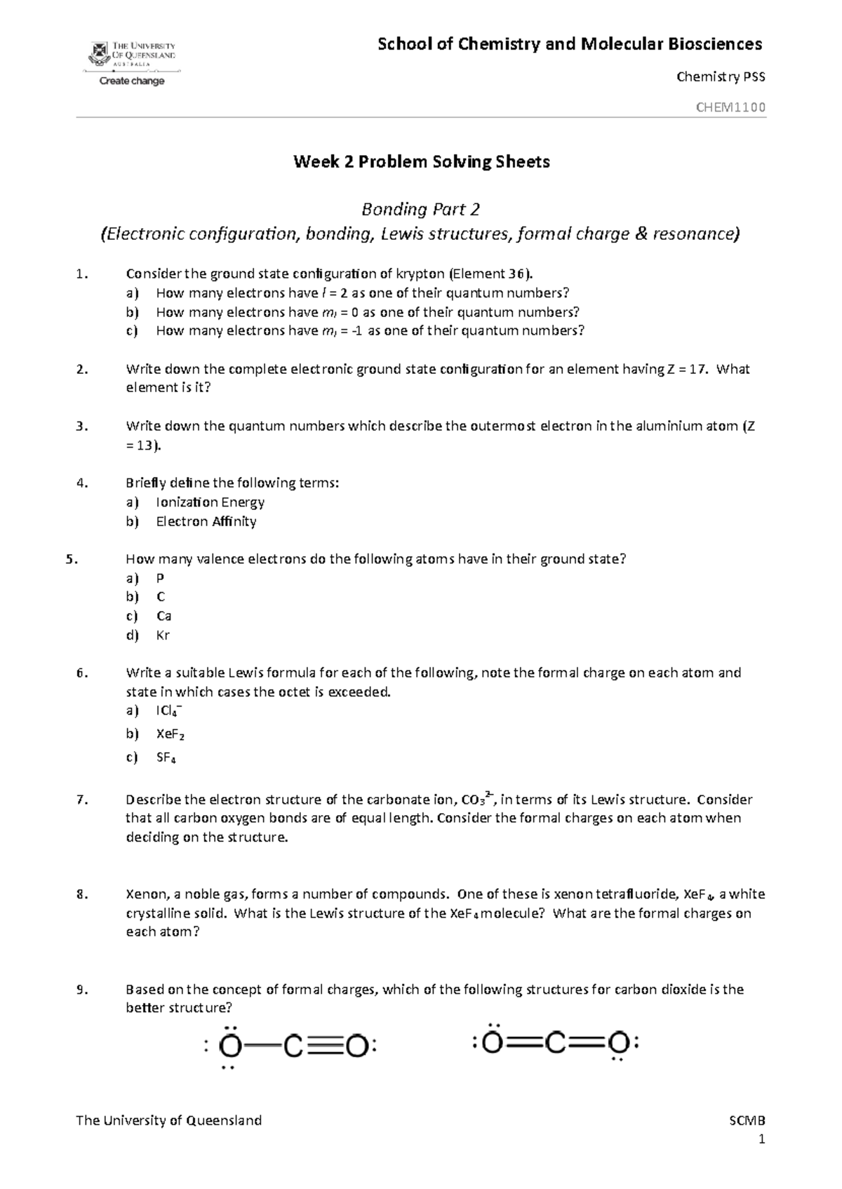 Week 2 Worksheet - School of Chemistry and Molecular Biosciences ...
