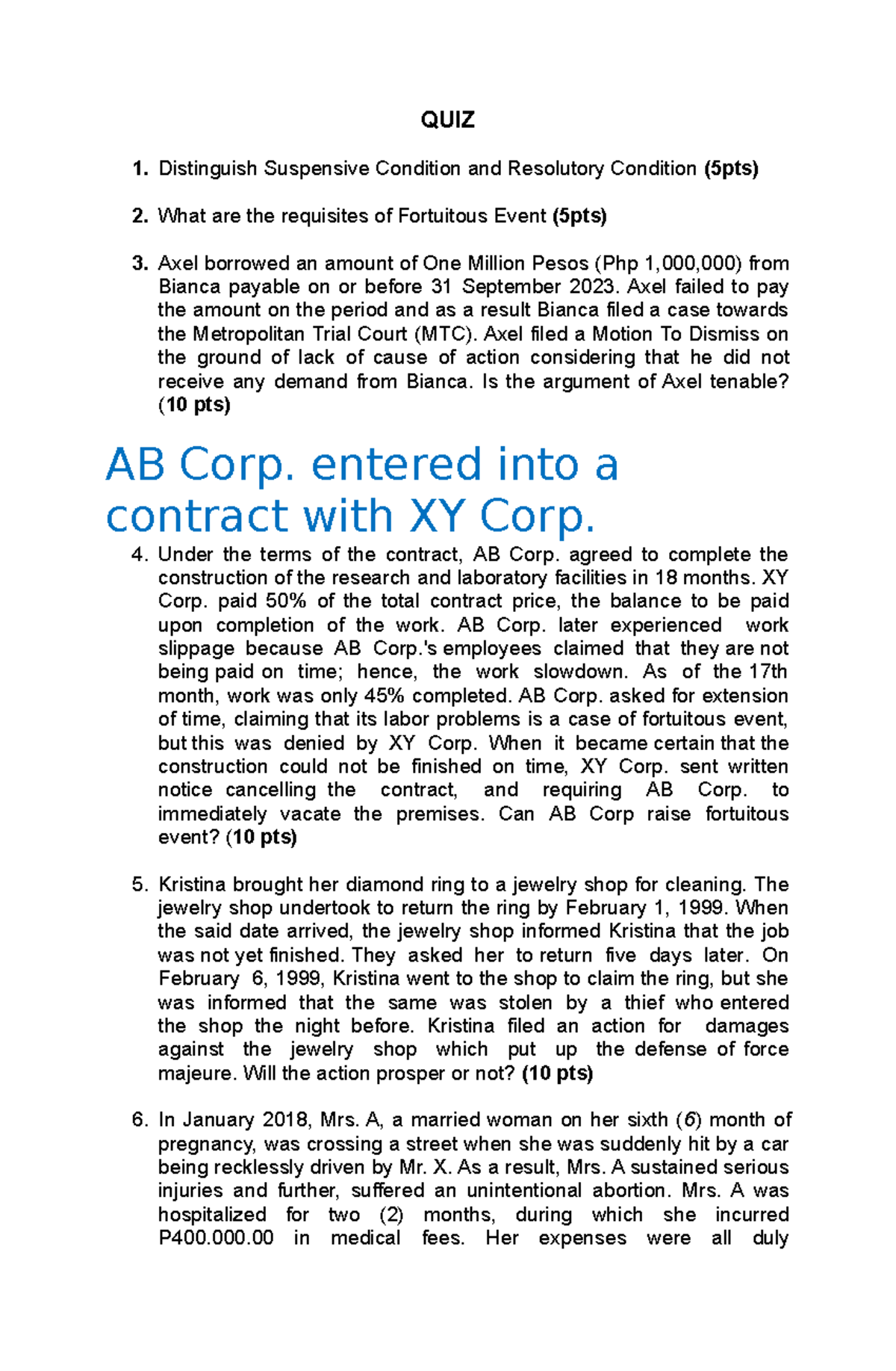 QUIZ- Oblicon - Quiz - QUIZ Distinguish Suspensive Condition and ...
