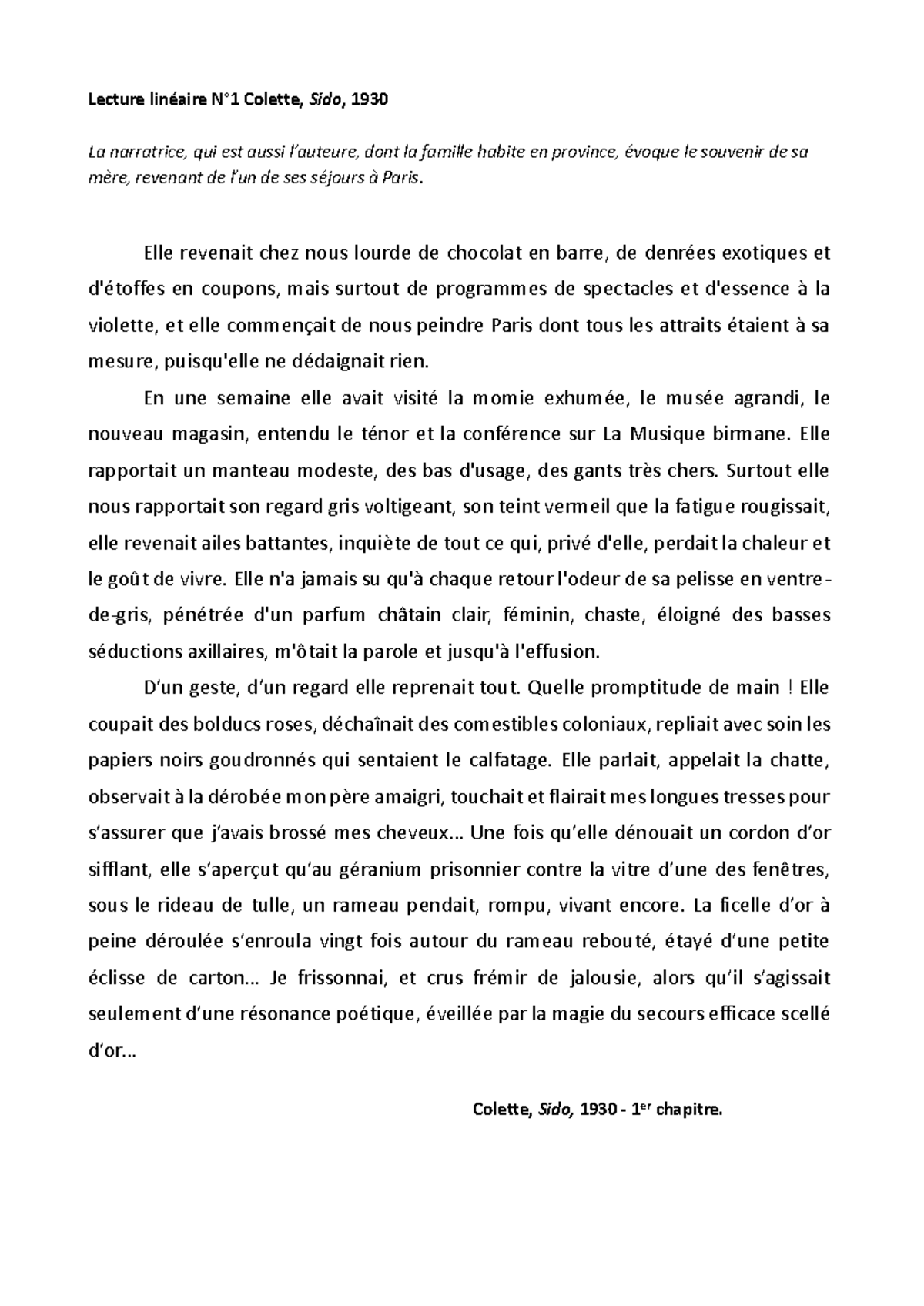 Le portrait de Colette - Lecture linéaire N°1 Colette, Sido, 1930 La ...