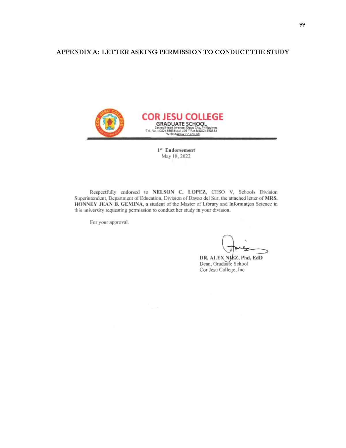 Appendices - good - APPENDIX A: LETTER ASKING PERMISSION TO CONDUCT THE ...