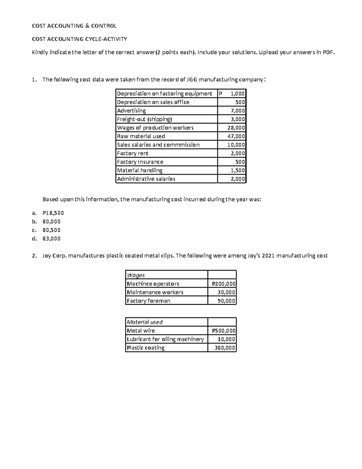 COST Accounting AND Control ( Activity) - COST ACCOUNTING & CONTROL ...