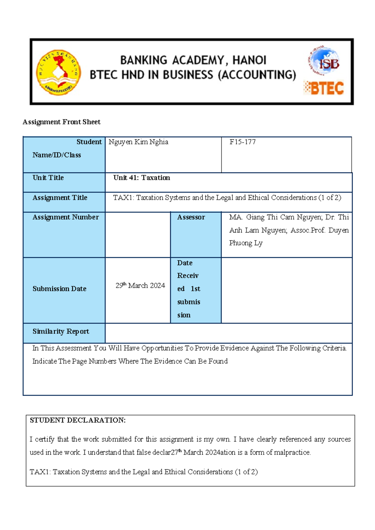 A2 cover page format - qwqwe - Assignment Front Sheet Student Name/ID ...