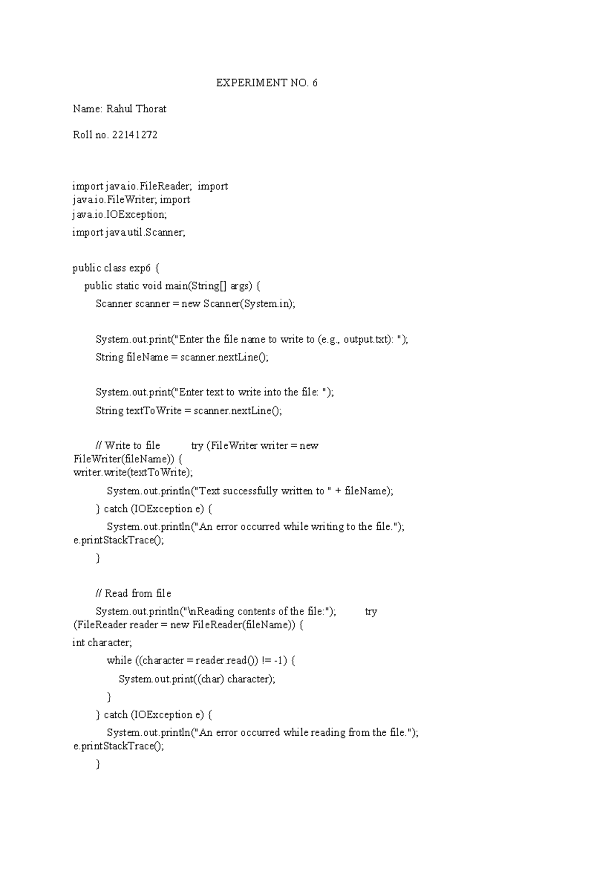 EXP6 PL - Lab Material - EXPERIMENT NO. 6 Name: Rahul Thorat Roll no. 22141272 import java.io ...