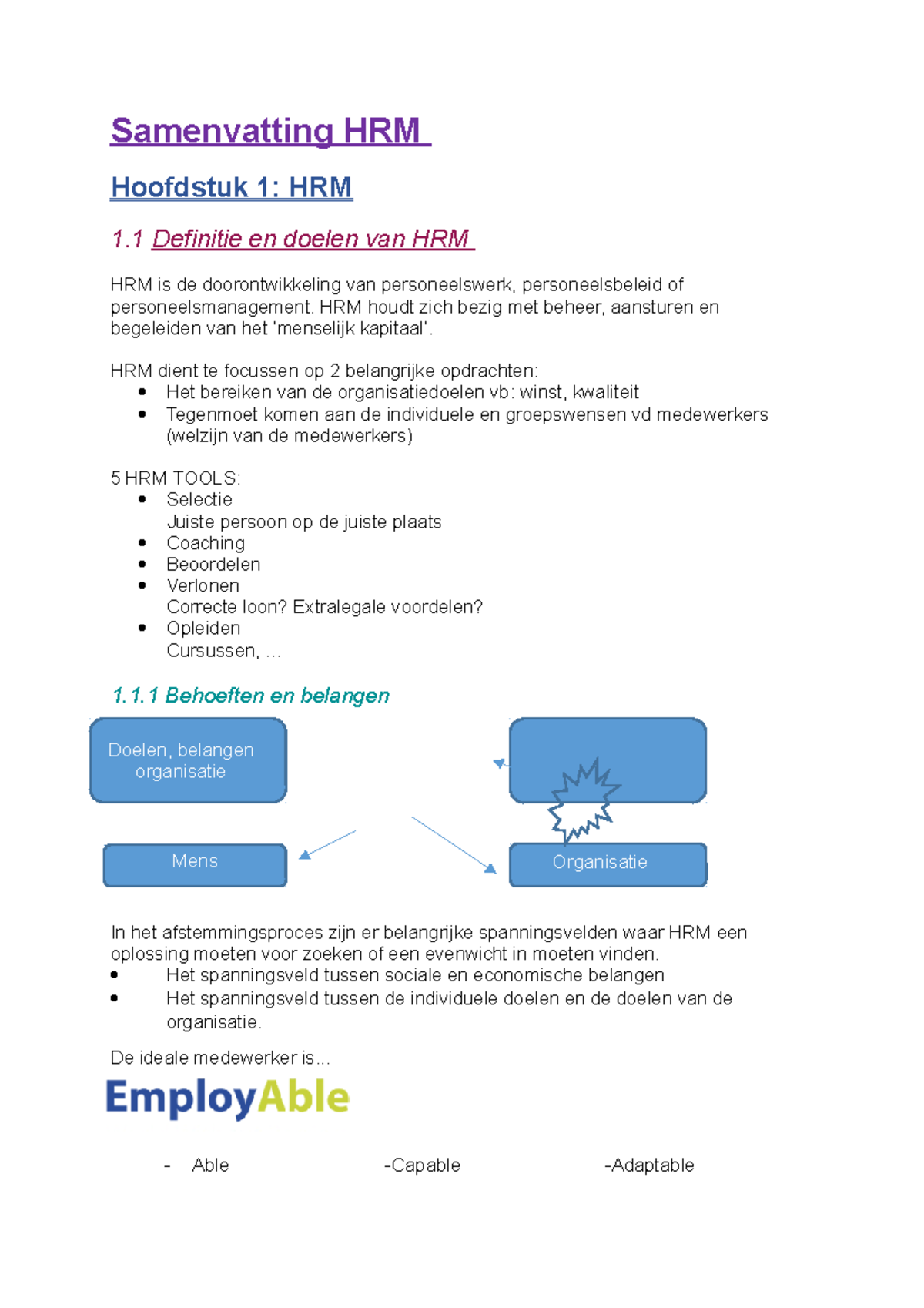 Samenvatting Hrm Deel 1 Samenvatting Hrm Hoofdstuk 1 Hrm 1 Definitie