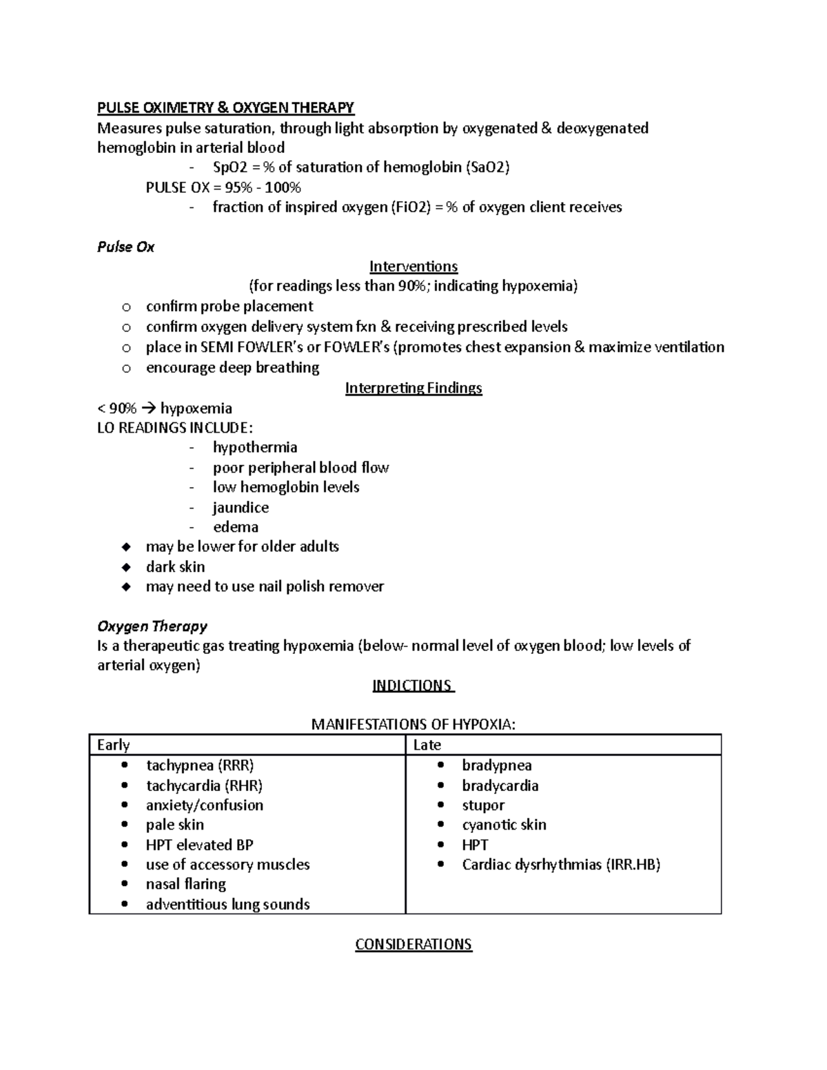 ATI Airway - class lec - PULSE OXIMETRY & OXYGEN THERAPY Measures pulse ...
