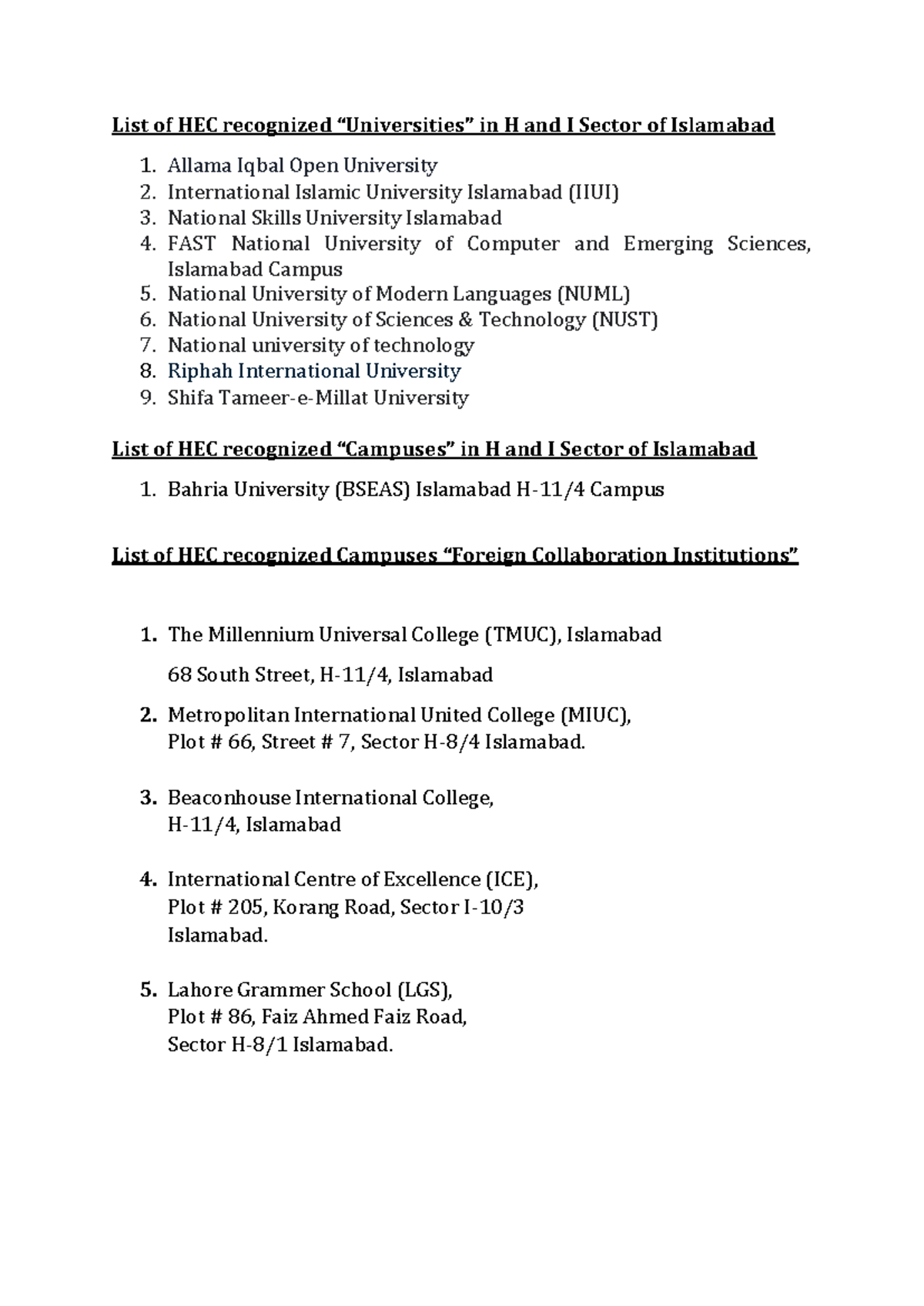 List of HEC recognized Universities in H and I Sector of Islamabad ...
