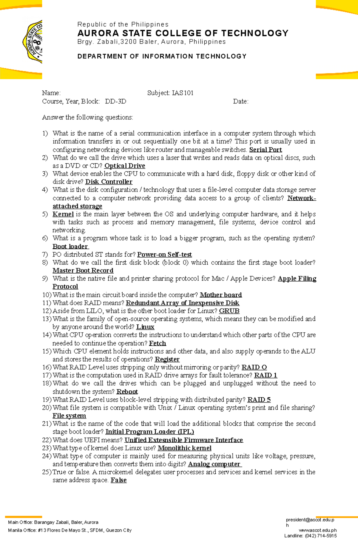 SA101-Prelim-Exam - Module in tech101 - Name: Subject: IAS Course, Year ...