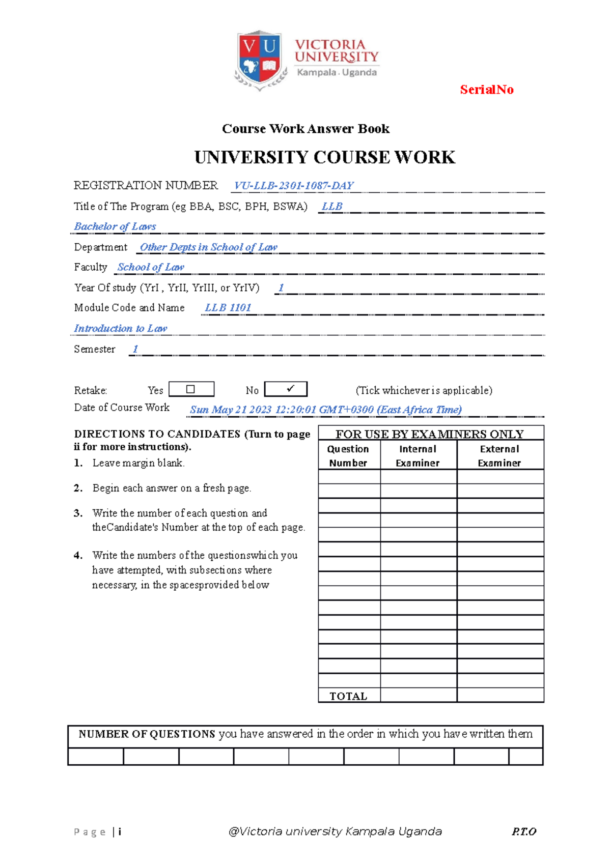 Victoria University - Course Work Answer Book UNIVERSITY COURSE WORK ...