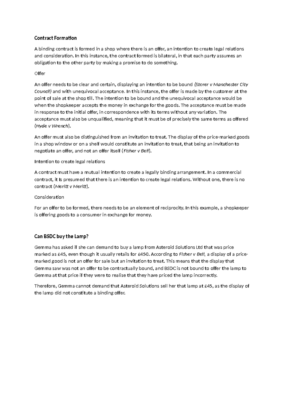 Contract Workshop 1 VPE Task - Contract Formation A binding contract is ...