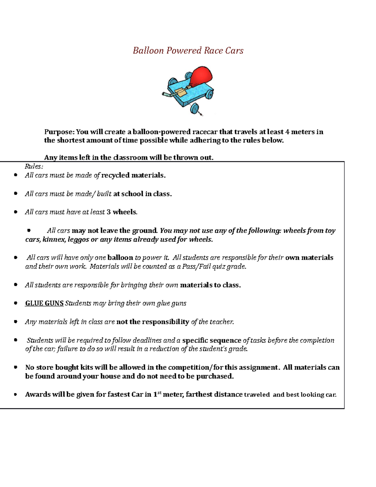 Balloon Powered Race Cars - Balloon Powered Race Cars Purpose: You will ...