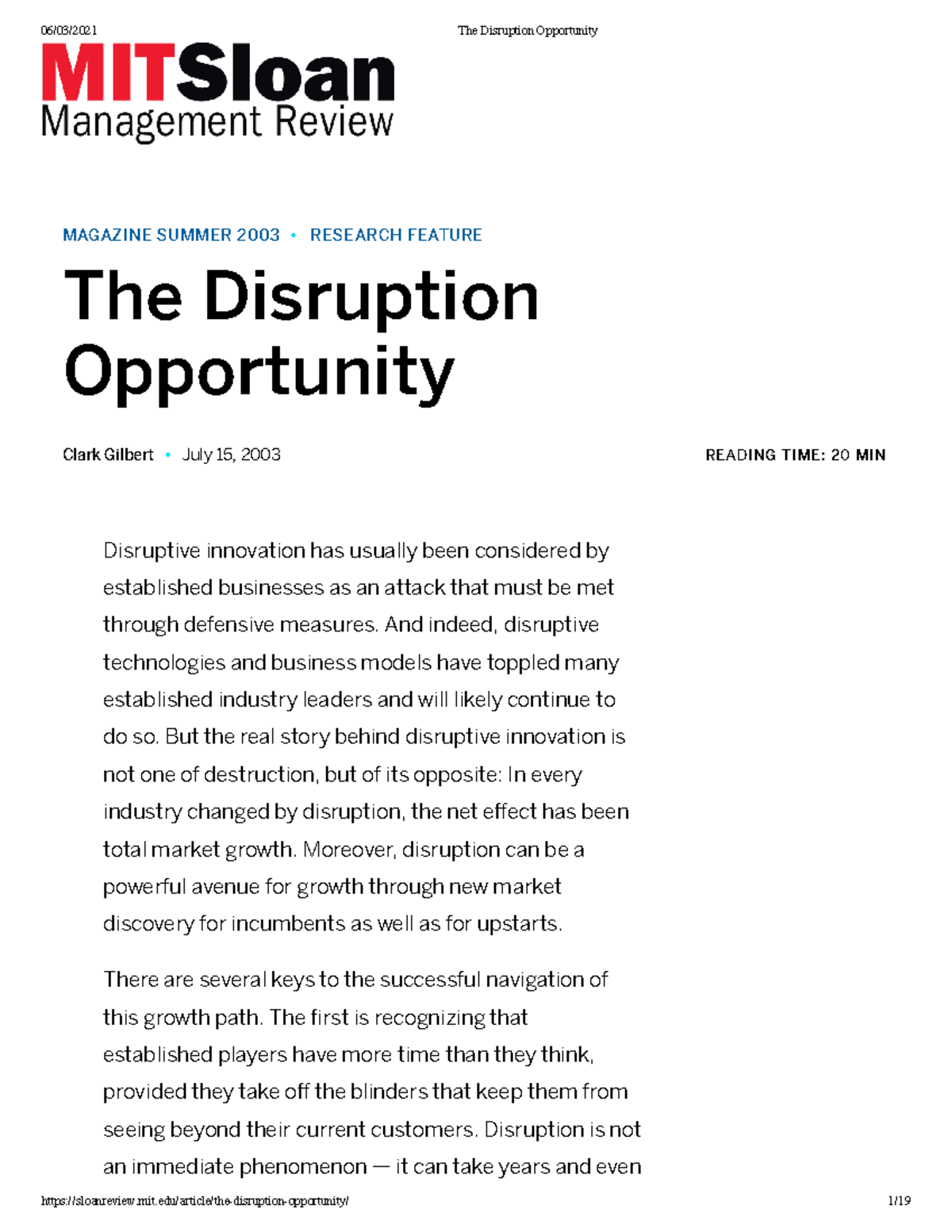 The Disruption Opportunity - MAGAZINE SUMMER 2003 • RESEARCH FEATURE ...