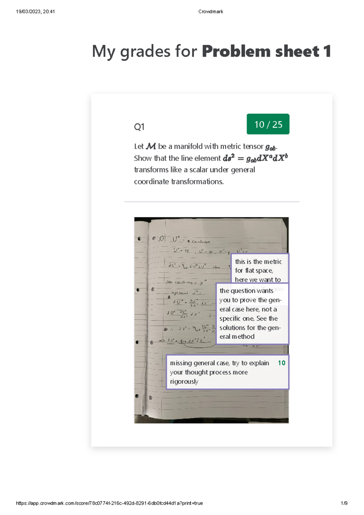 Problem sheet 1 - Show that the line element transforms like a scalar under general coordinate ...