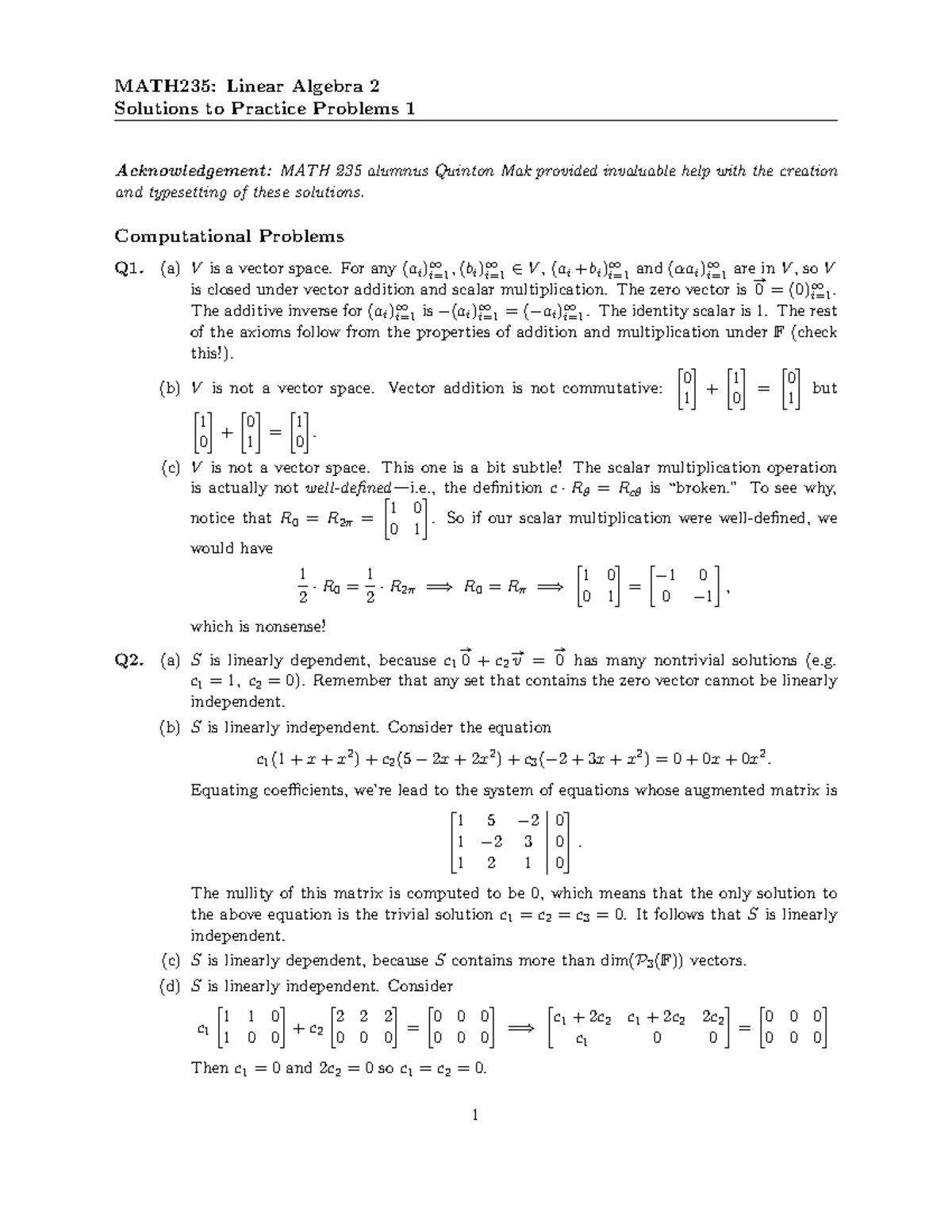 Math235-f23-pp1 soln - practice - Solutions to Practice Problems 1 Acknowledgement: MATH 235 ...
