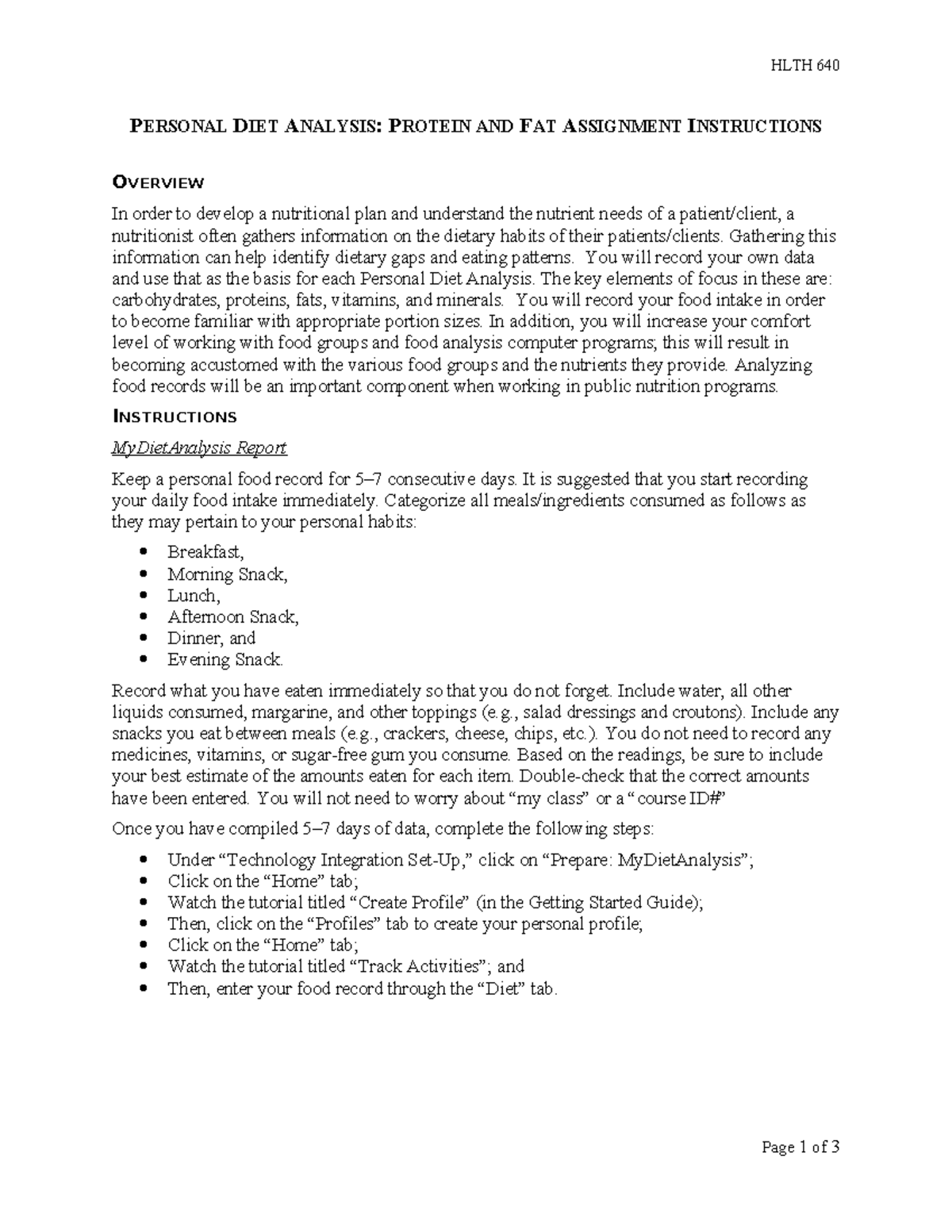 Personal Diet Analysis Protein and Fat Assignment Instructions - HLTH ...