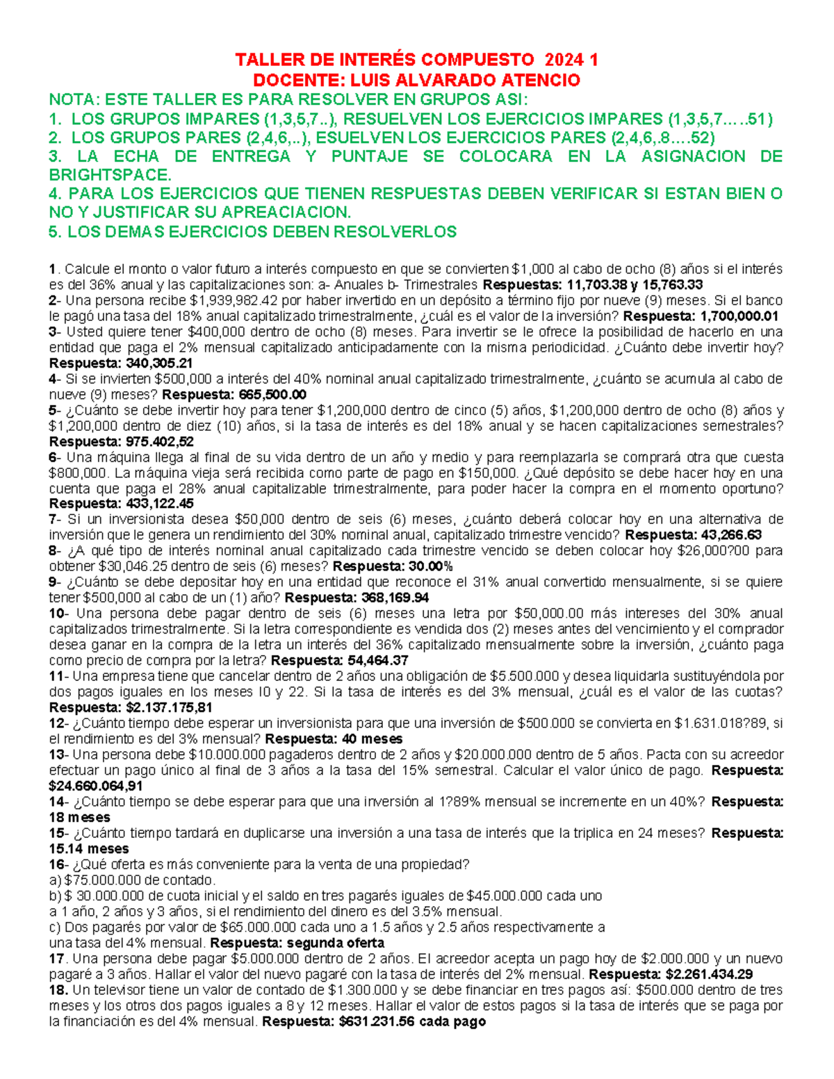 Taller 2 Interés Compuesto 2024 1 Corregido - TALLER DE INTERÉS COMPUESTO 2024 1 DOCENTE: LUIS ...