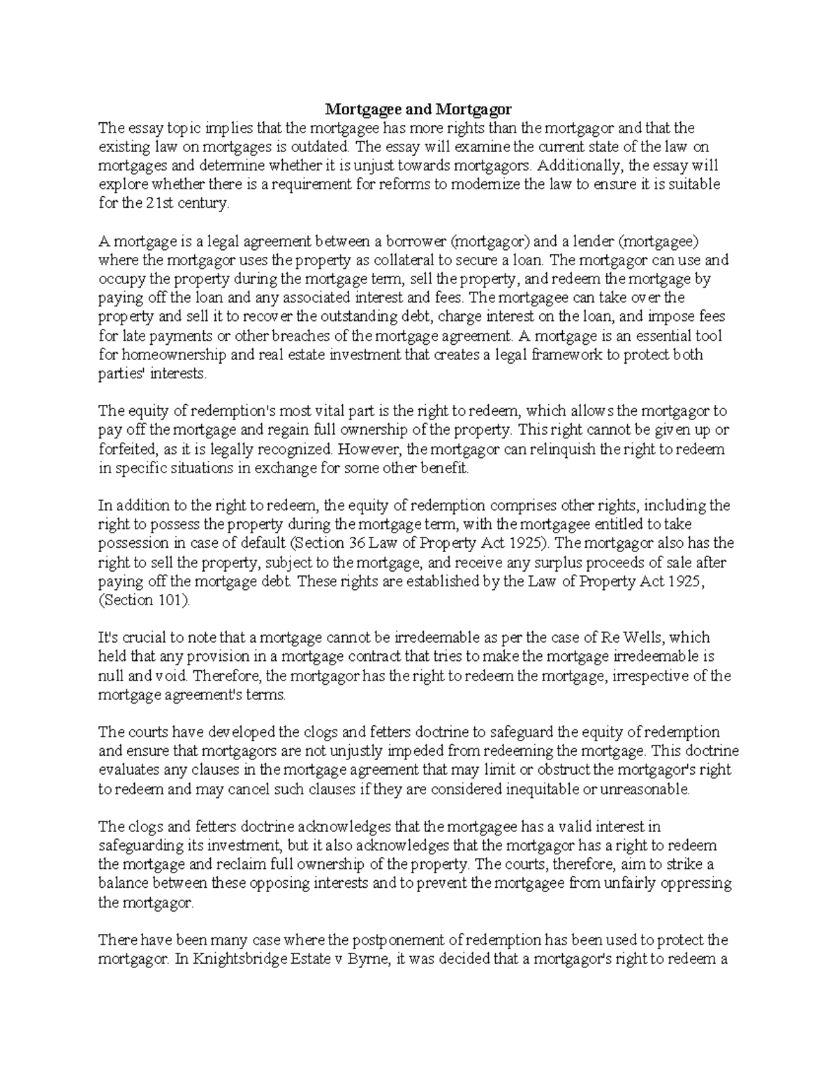 Mortgagee and Mortgagor easy - Mortgagee and Mortgagor The essay topic ...