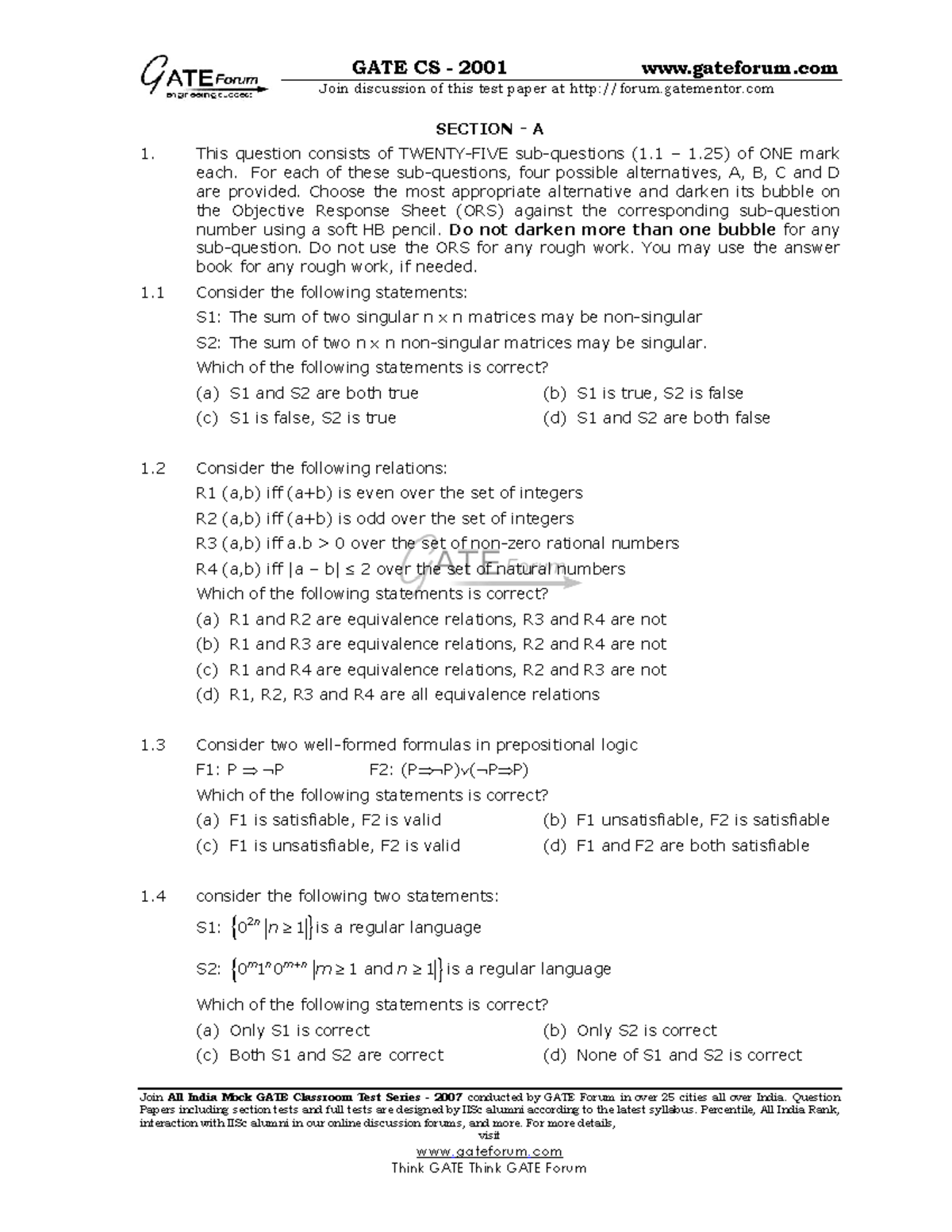 GATE 2001 - Computer Science Assignment - - Studocu