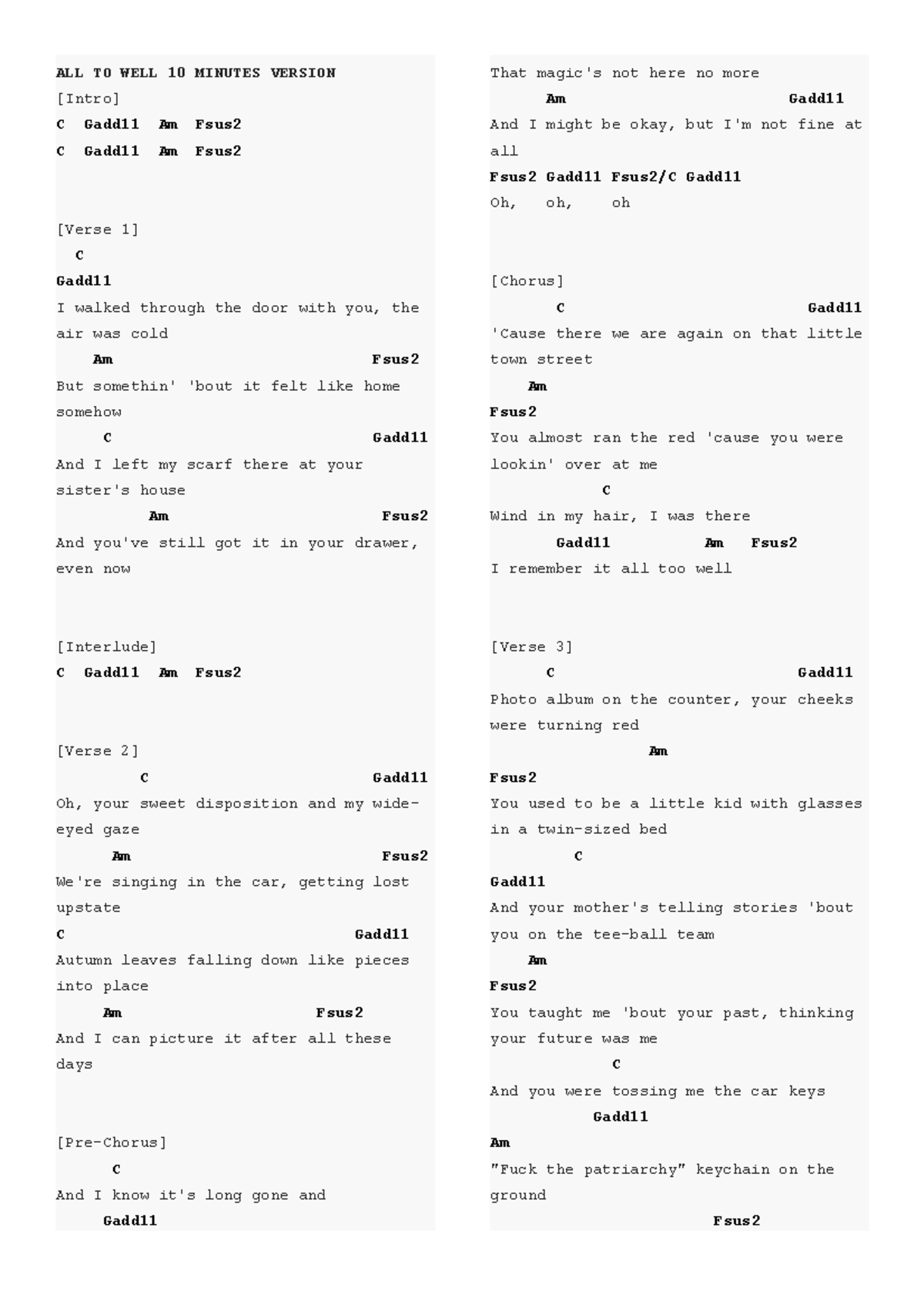 Chords - for - ALL TO WELL 10 MINUTES VERSION [Intro] C Gadd11 Am Fsus ...