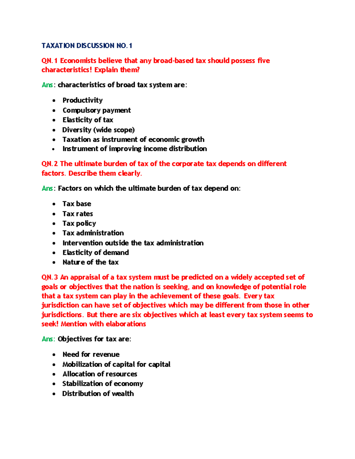 Taxation Discussion NO - TAXATION DISCUSSION NO. QN Economists believe ...