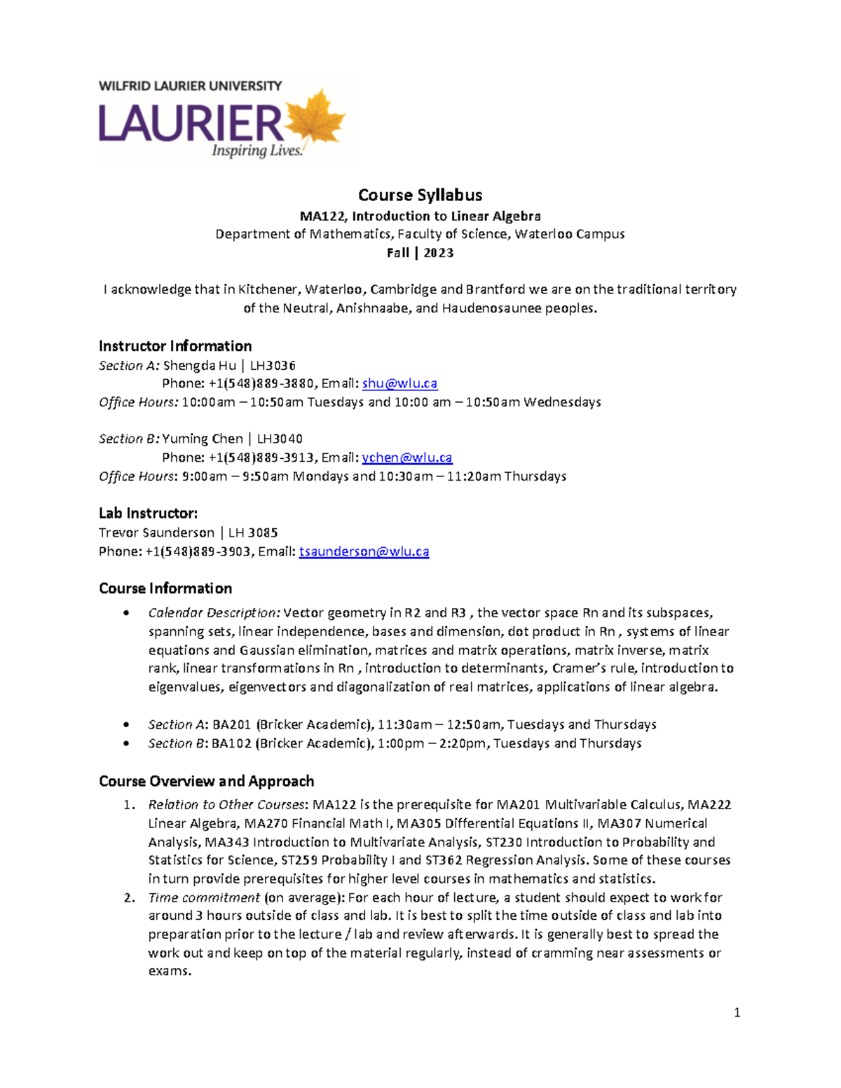 MA122-Fall-2023 - Summary Intro to Linear Algebra - Course Syllabus MA122, Introduction to ...