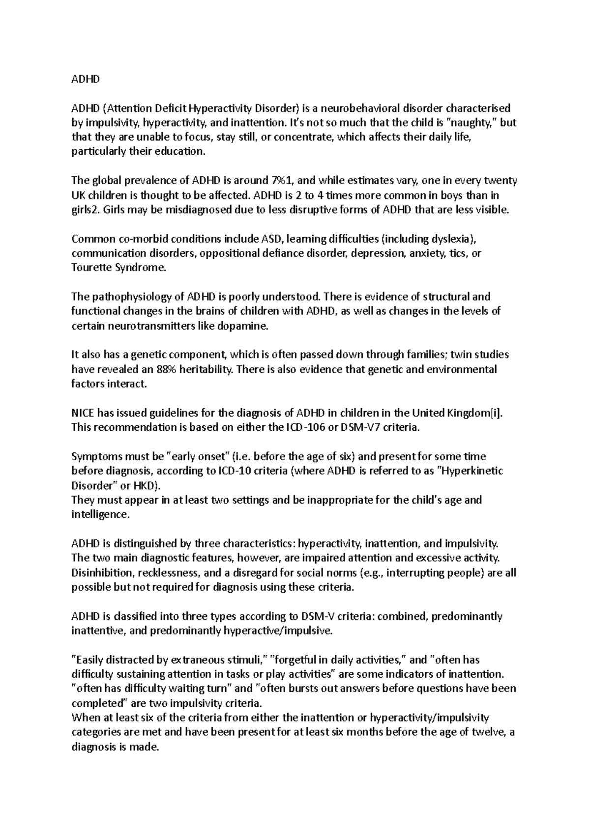 ADHD - Children's nursing notes - ADHD ADHD (Attention Deficit ...