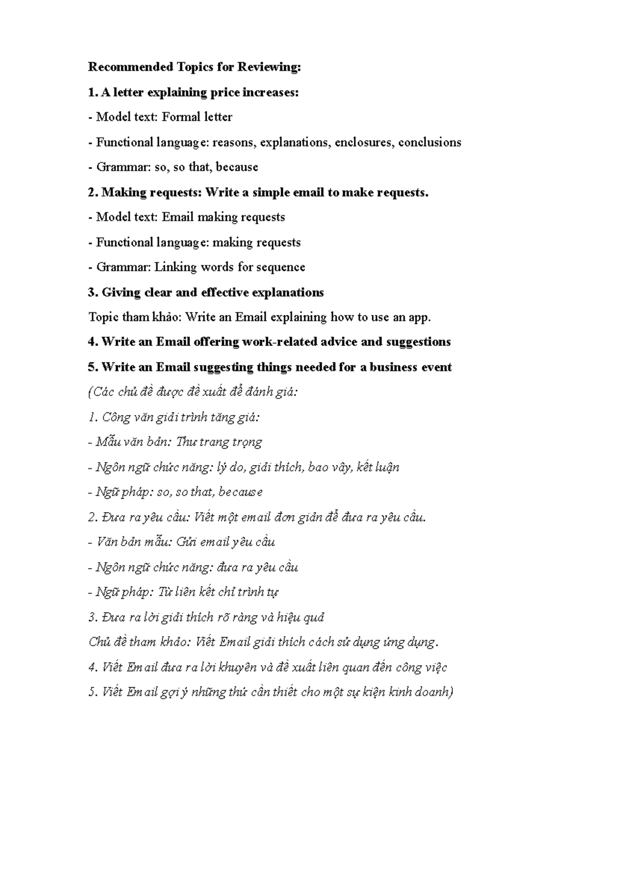 TATQ4 - kinknk - Recommended Topics for Reviewing: A letter explaining price increases: Model ...