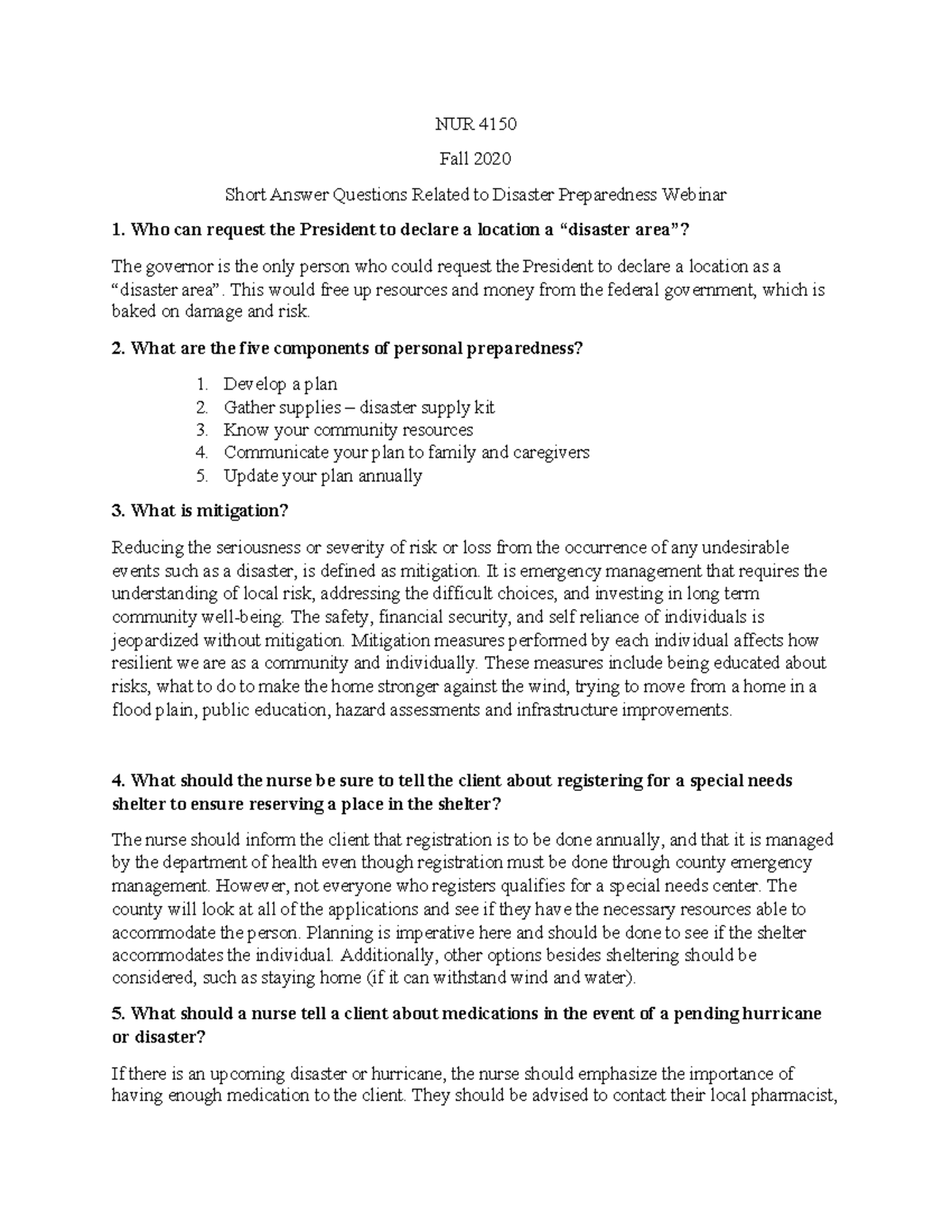 Question on Disaster Preparedness - NUR 4150 Fall 2020 Short Answer ...