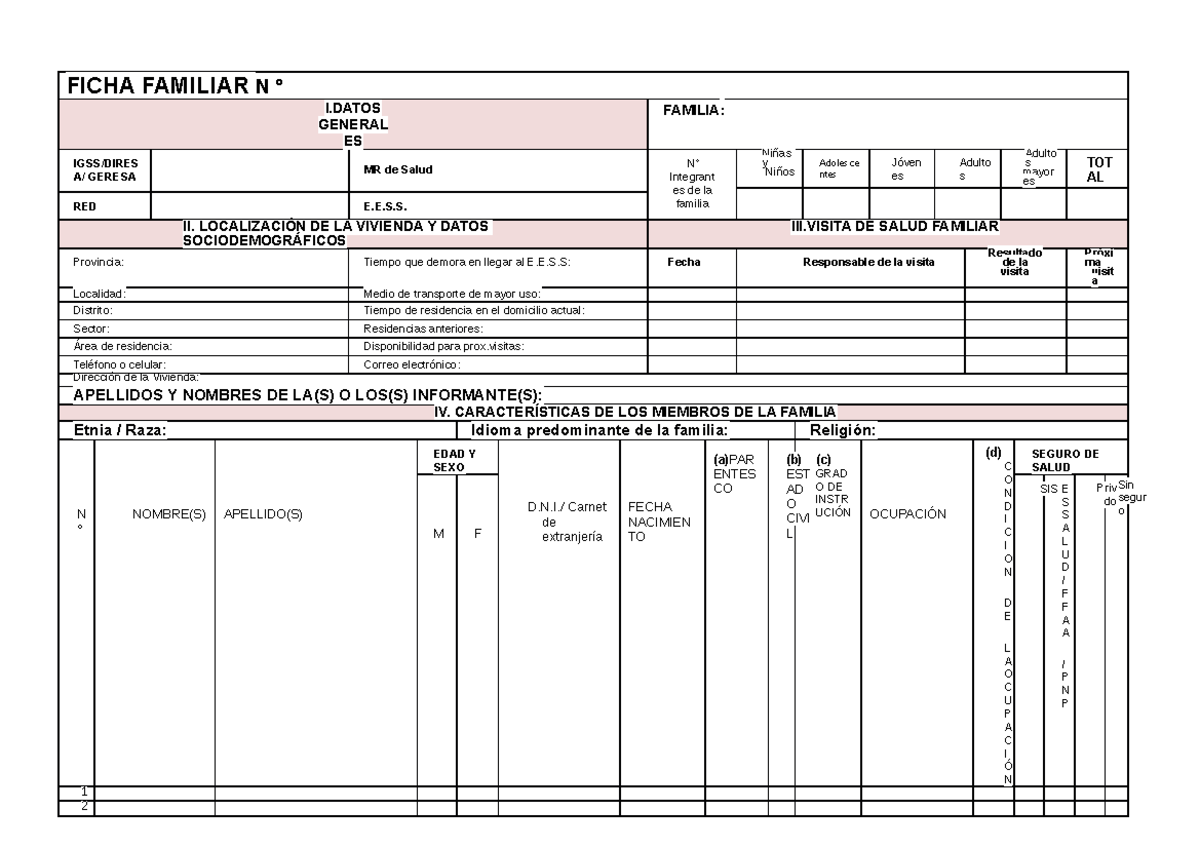 Ficha Familia - FICHA FAMILIAR N ° I GENERAL ES FAMILIA: IGSS/DIRES A ...