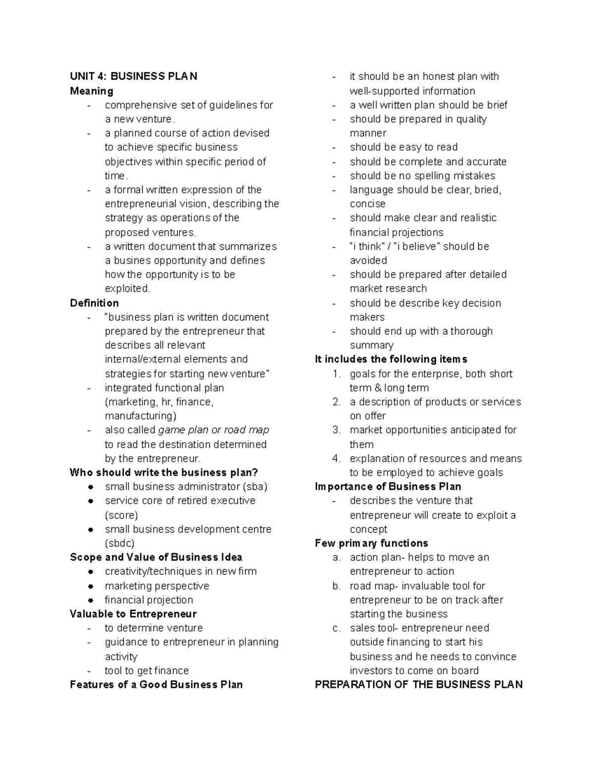 Untitled document - UNIT 4: BUSINESS PLAN Meaning - comprehensive set ...