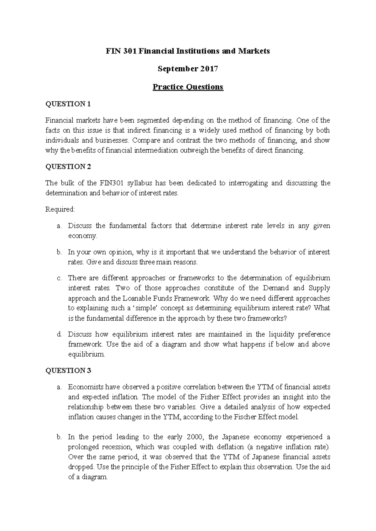 FIN 301 Practice Questions 2019-20 - FIN 301 Financial Institutions and ...