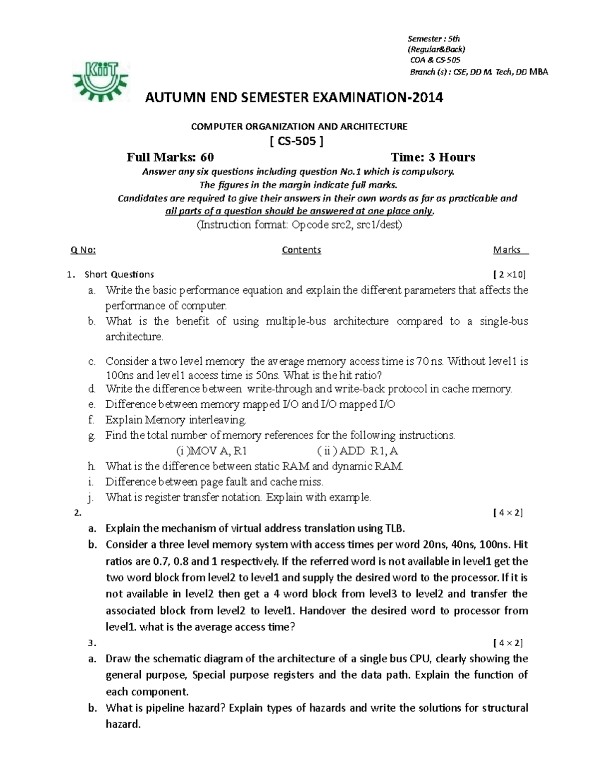 COA 2014 - question - AUTUMN END SEMESTER EXAMINATION- COMPUTER ...
