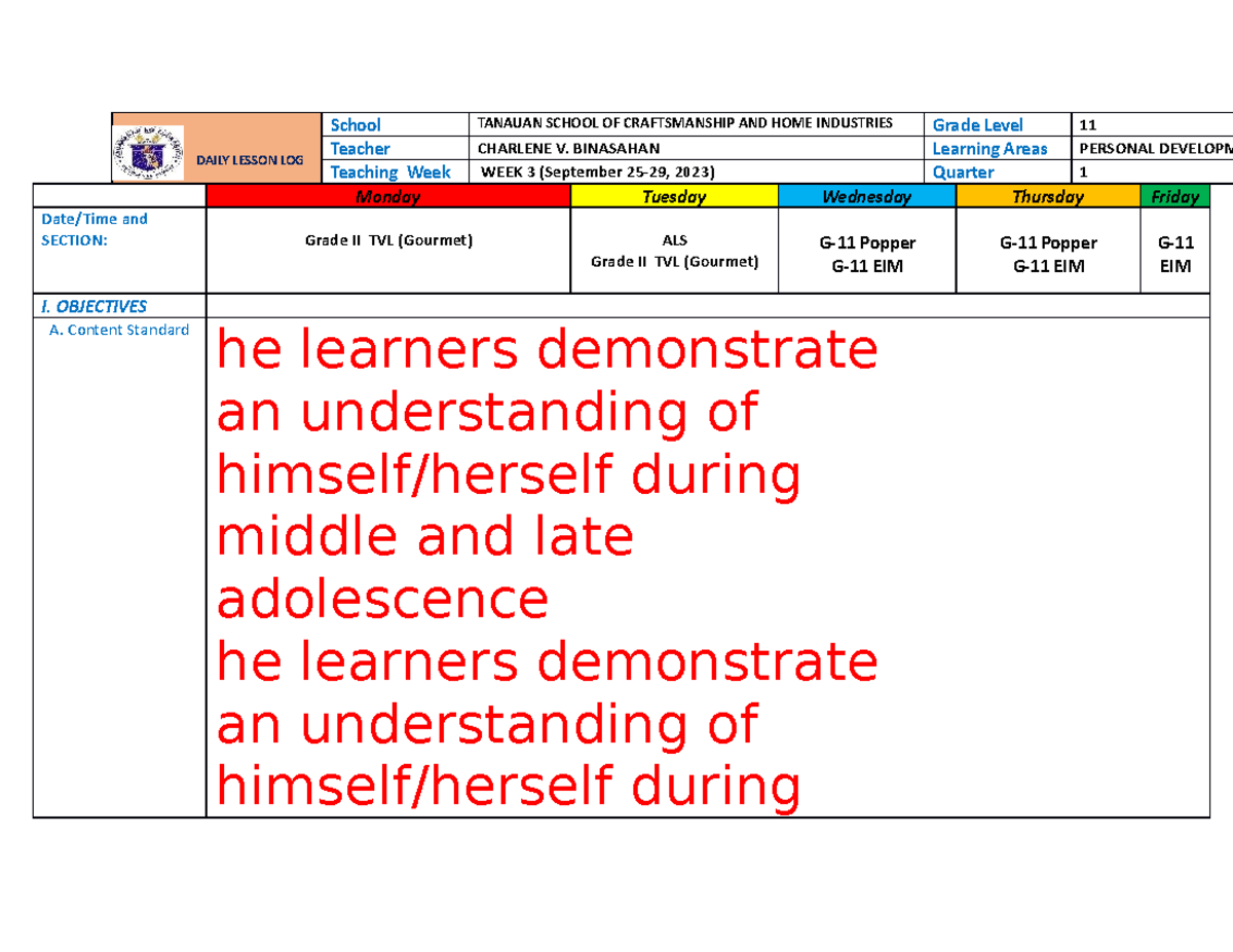 Daily Lesson LOG Quarter 1 WEEK 3 ( Personal Development) - DAILY ...