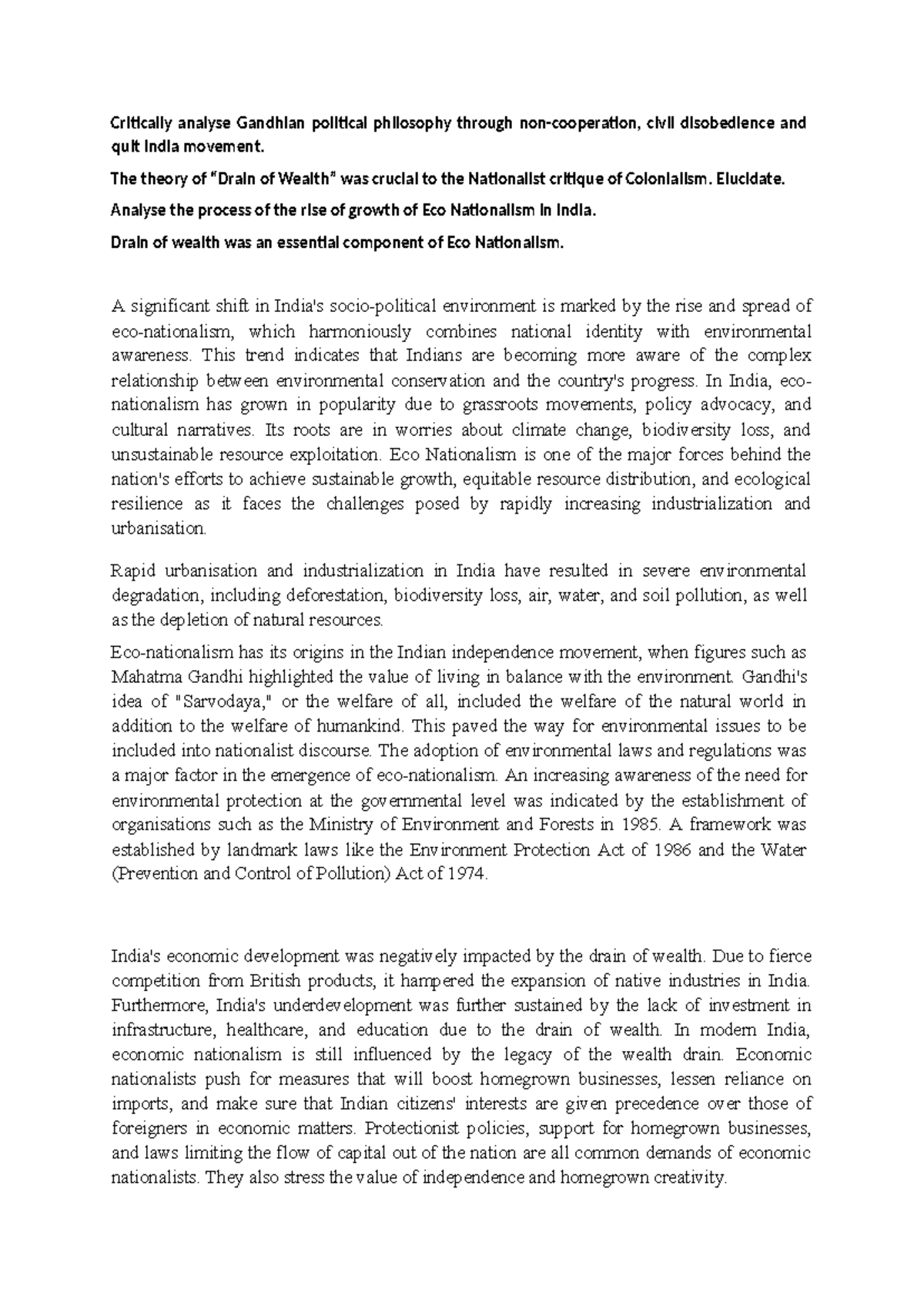Drain of wealth Theory - Critically analyse Gandhian political ...