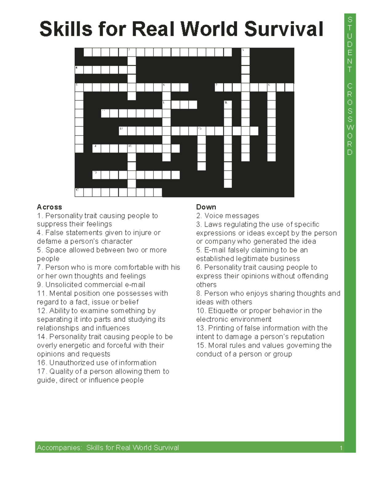 Life Skills Crossword - Accompanies: Skills for Real World Survival 1 S ...