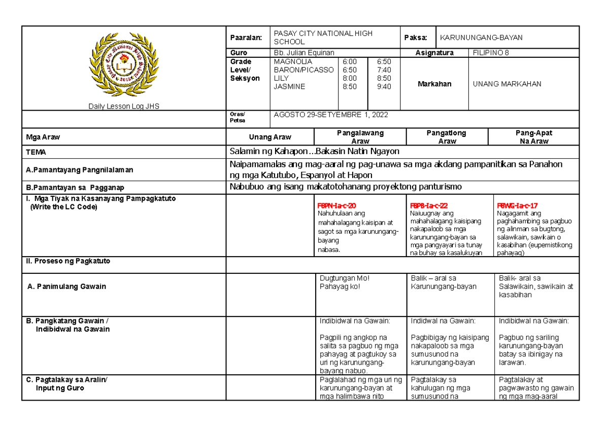 DLL-WEEK-2 - lesson plan - Daily Lesson Log JHS Paaralan: PASAY CITY ...