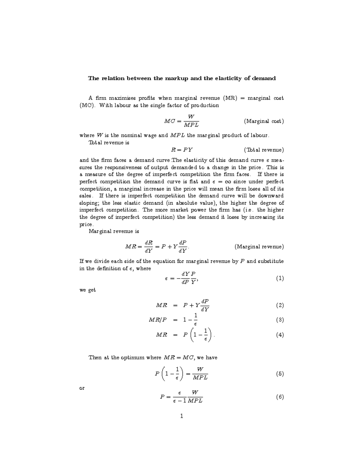 Econ0016 markups - econ 101 - The relation between the markup and the elasticity of demand A Örm ...