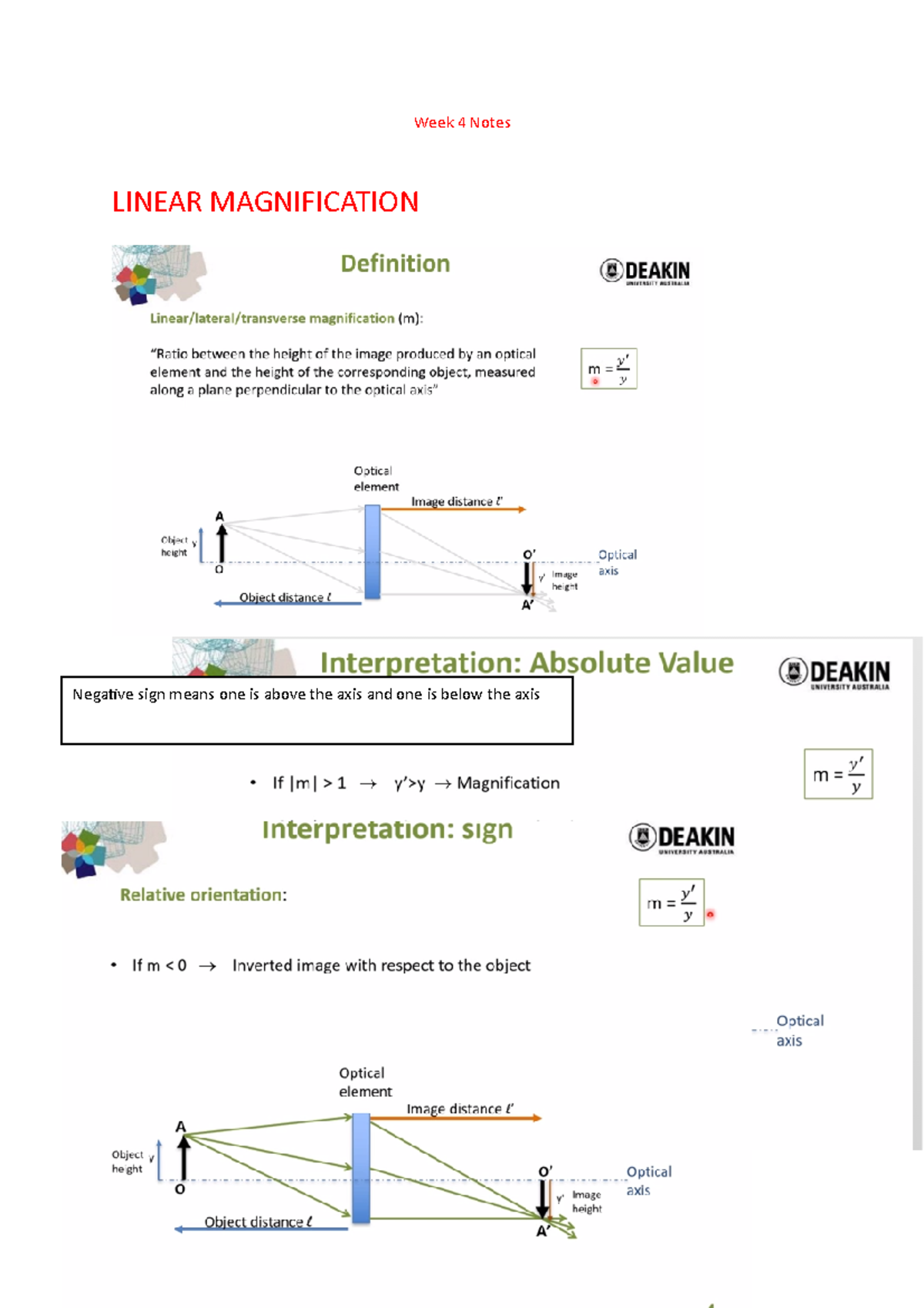 Week 4 Notes - Week 4 Notes LINEAR MAGNIFICATION Negative sign means ...