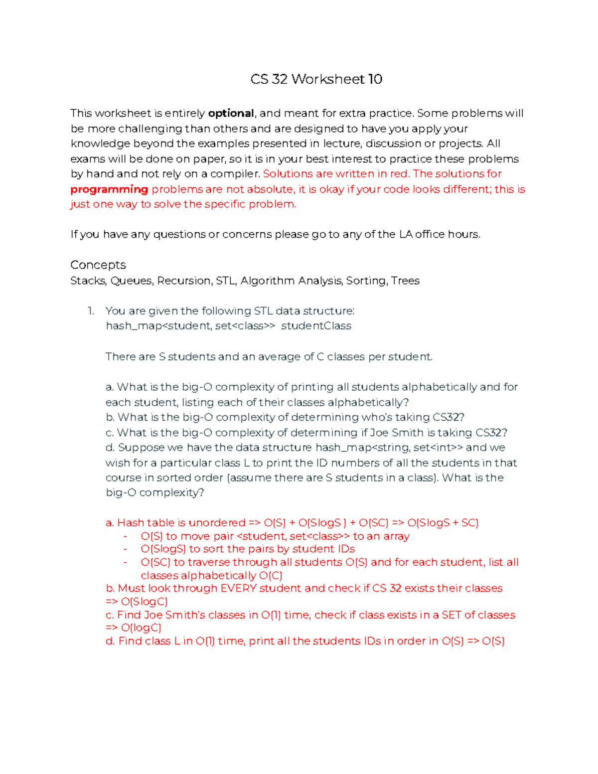 Wk10reviewsoln - LA Worksheet - CS 32 Worksheet 10 This worksheet is ...