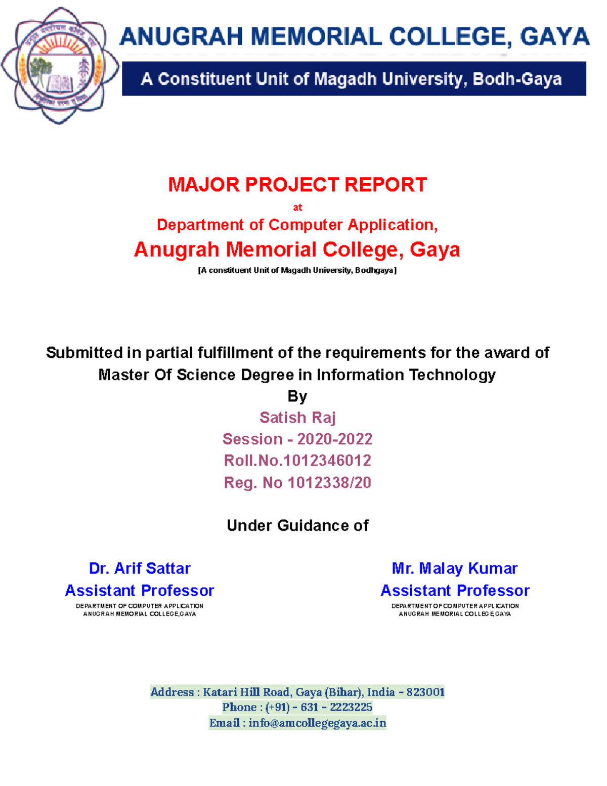 1822-b.e-cse-batchno-34 - MAJOR PROJECT REPORT at Department of Computer Application, Anugrah ...