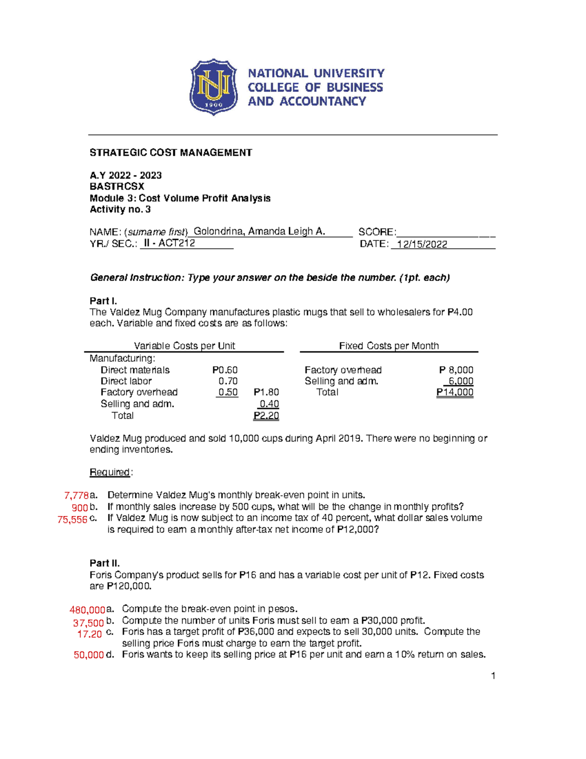 Strategic Costing - 1 STRATEGIC COST MANAGEMENT A 2022 - 2023 BASTRCSX ...