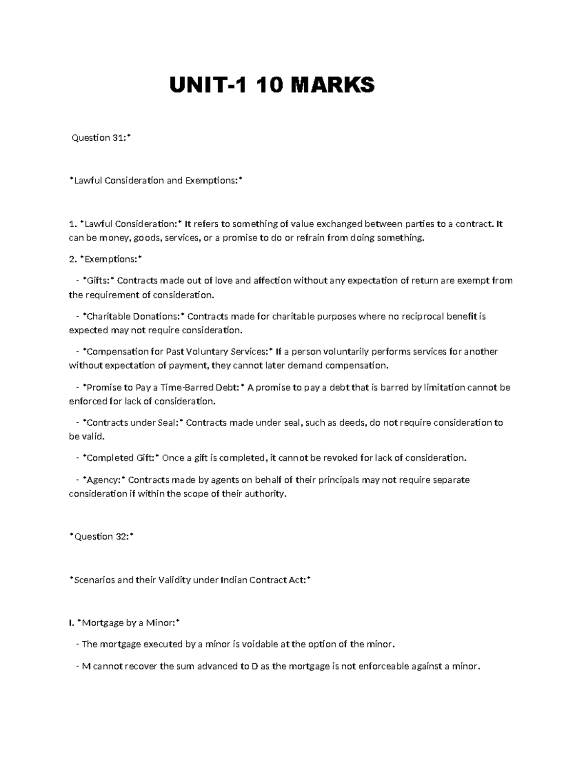 UNIT-1 10 Marks - UNIT-1 10 MARKS Question 31:* Lawful Consideration ...