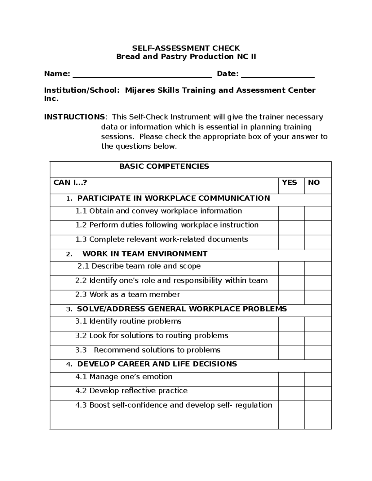 SEFL Assessment Check TOOL - SELF-ASSESSMENT CHECK Bread and Pastry ...