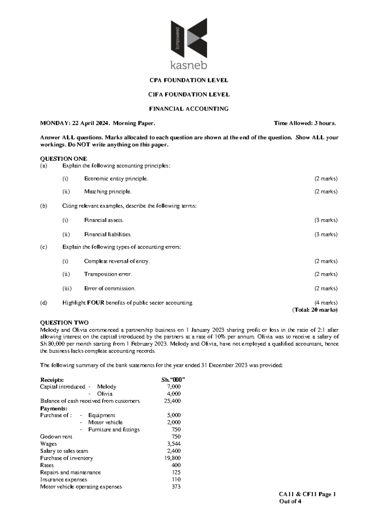 F.A 2024 - To help in general revision - CA11 & CF11 Page 1 CPA FOUNDATION LEVEL CIFA FOUNDATION ...