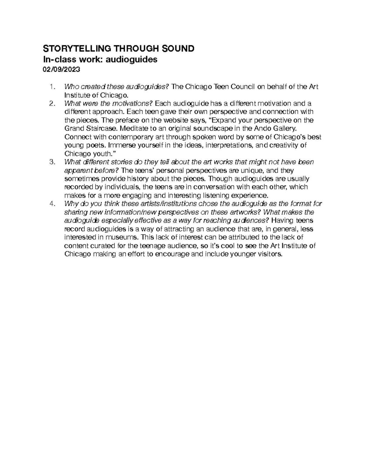 In-class work on audioguides - STORYTELLING THROUGH SOUND In-class work ...